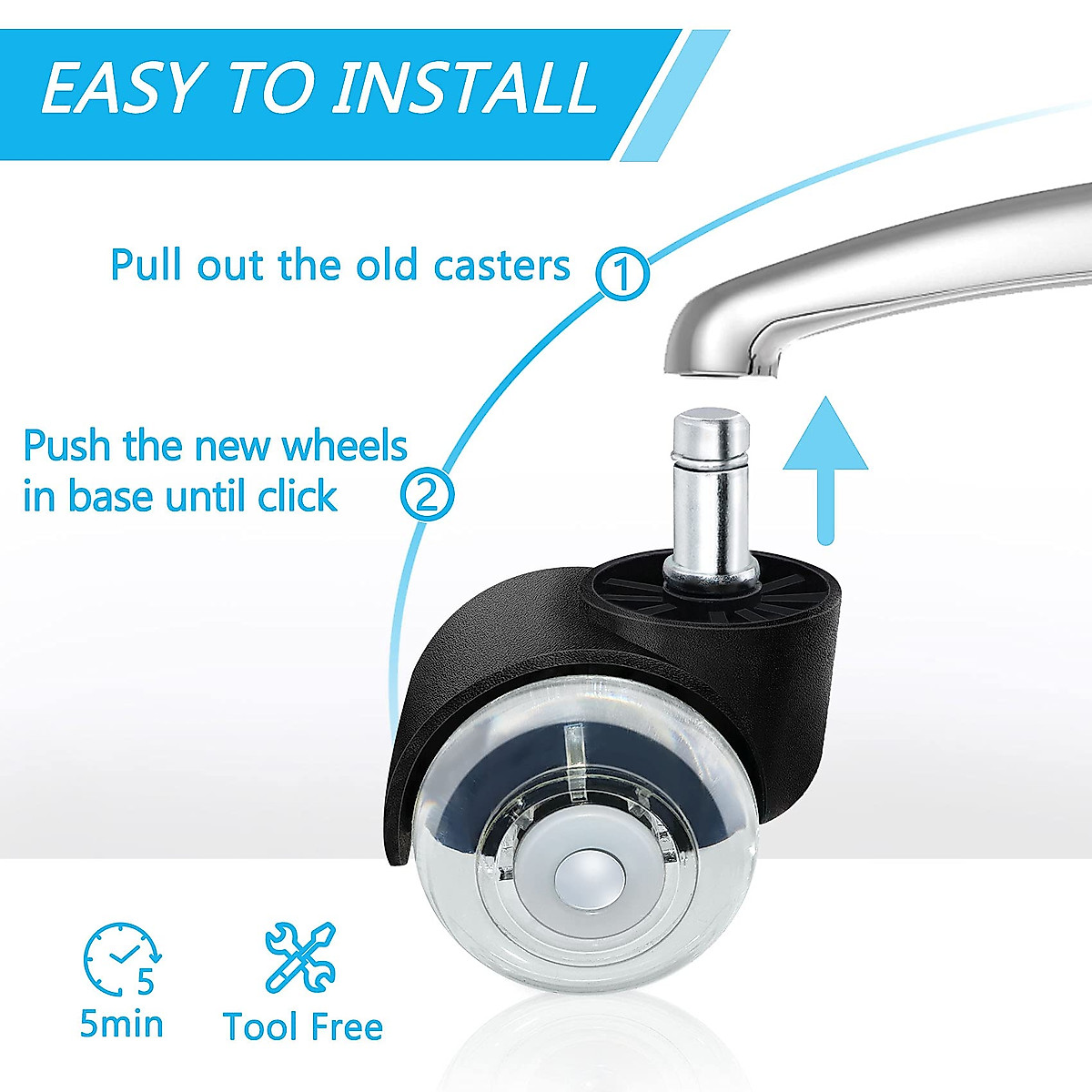 Office Chair Caster Wheels,Set of 5, 2 in Double casters, Twin Ball Bearing Replacement Computer Desk Chair Wheel, Heavy Duty Rubber Caster Smooth Quiet Rolling Safe Protection for All Floors