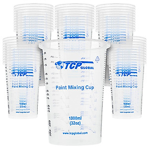 TCP Global 32 Ounce (1000ml) Disposable Flexible Clear Graduated Plastic Mixing Cups - Box of 50 Cups - Use for Paint, Resin, Epoxy, Art, Kitchen, Cooking, Baking - Measuring Ratios 2-1, 3-1, 4-1, ML
