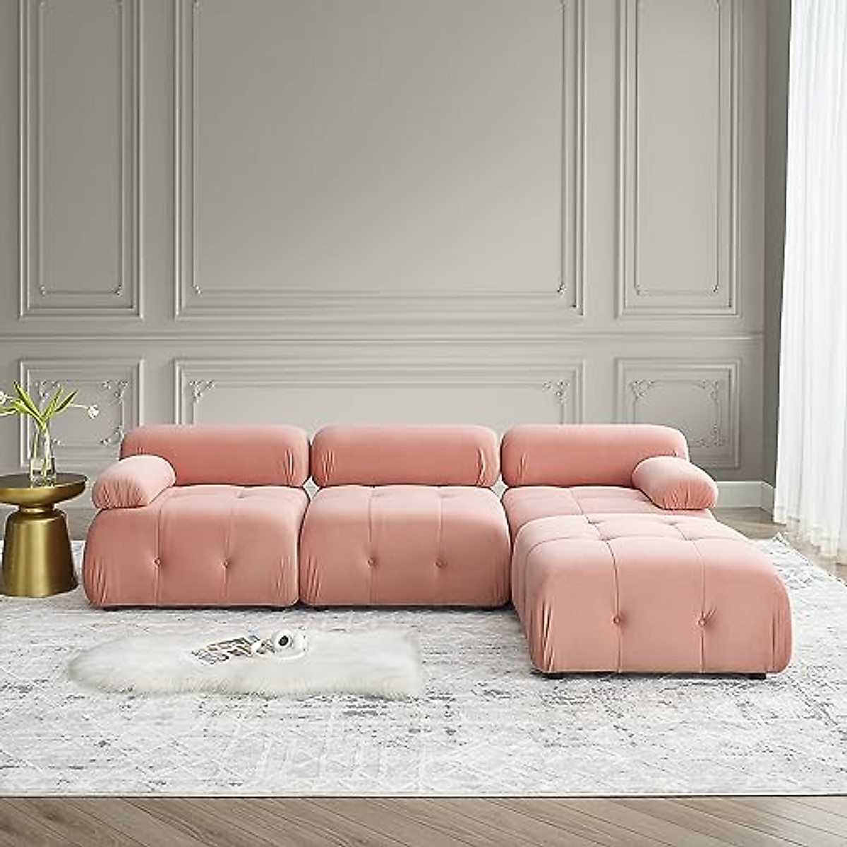 FANYE Pink Velvet Button Tufted L-Shaped Comfy Cute Sectional Sofa Couch DIY Combination w/3 Single Seats and Movable Ottoman, Modern Convertible Modular Sofa&Couch Cloud Deep Seater Sofá, 93"