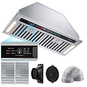 BRANO Range Hood Insert 30 Inch, 900 CFM Smart Voice/Gesture/Touch Control, 4 Speed Exhaust Fan, Stainless Steel Kitchen Hood with Charcoal Filter, Ducted/Ductless Convertible