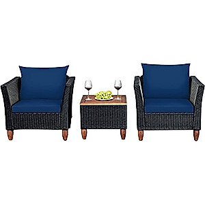 HAPPYGRILL 3 Pieces Patio Conversation Set PE Rattan Wicker Sofa Set with Cushions, Outdoor Furniture Set with Acacia Wood Coffee Table for Balcony Backyard Porch Garden