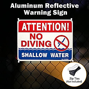 T&R No Diving Sign Shallow Water - 2 Pack - 10"x7" .040 Rust Free Heavy Aluminum, Reflective, Waterproof, Weatherproof and Fade Resistant, 4 pre-drilled holes, Easy to Mount