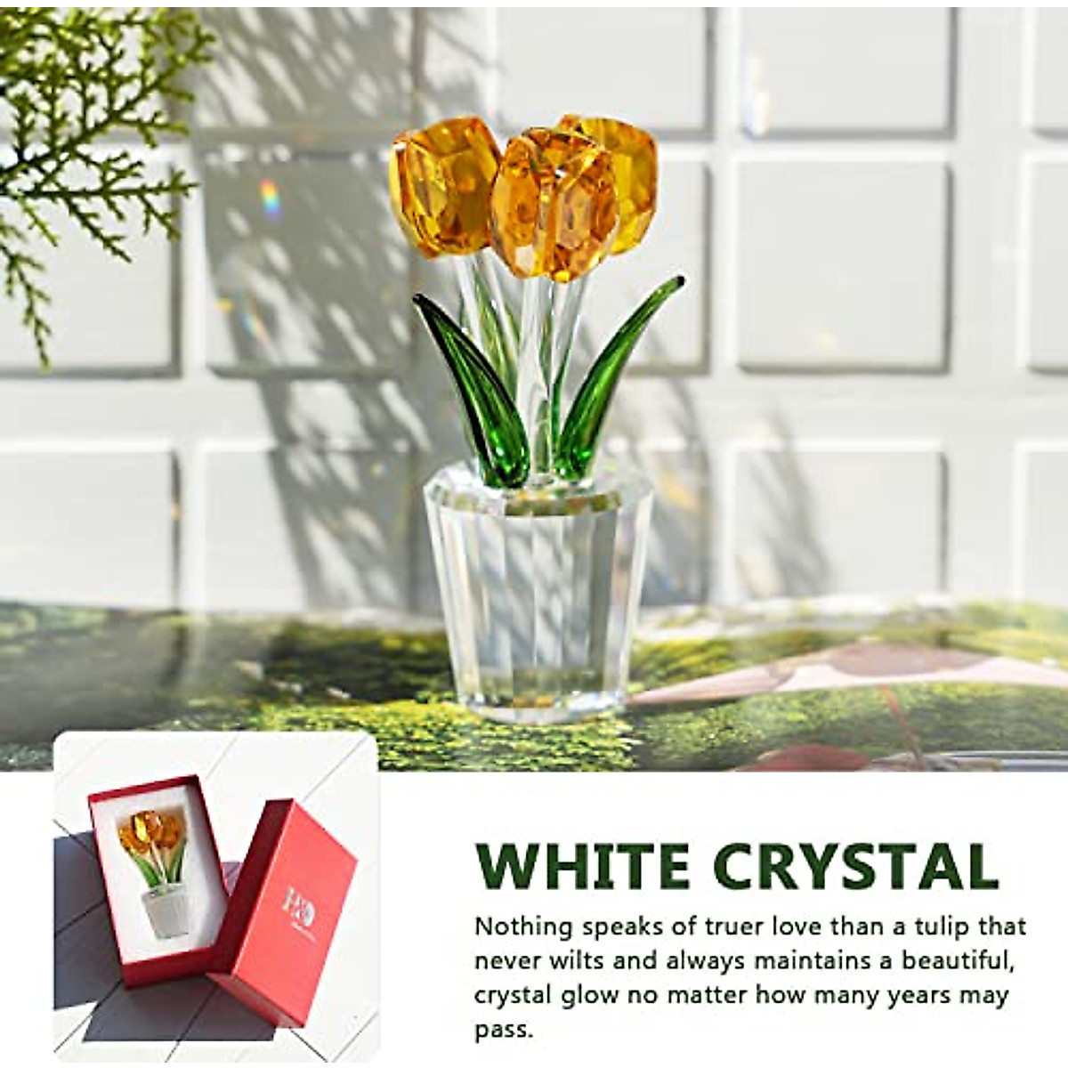 H&D HYALINE & DORA Crystal Tulips Flower Figurines, Yellow Glass Bouquet Collectible Figurines Home Decor Ornaments Gift Idea for Mothers Day, Valentine's Day, Wedding Party,Christmas Day