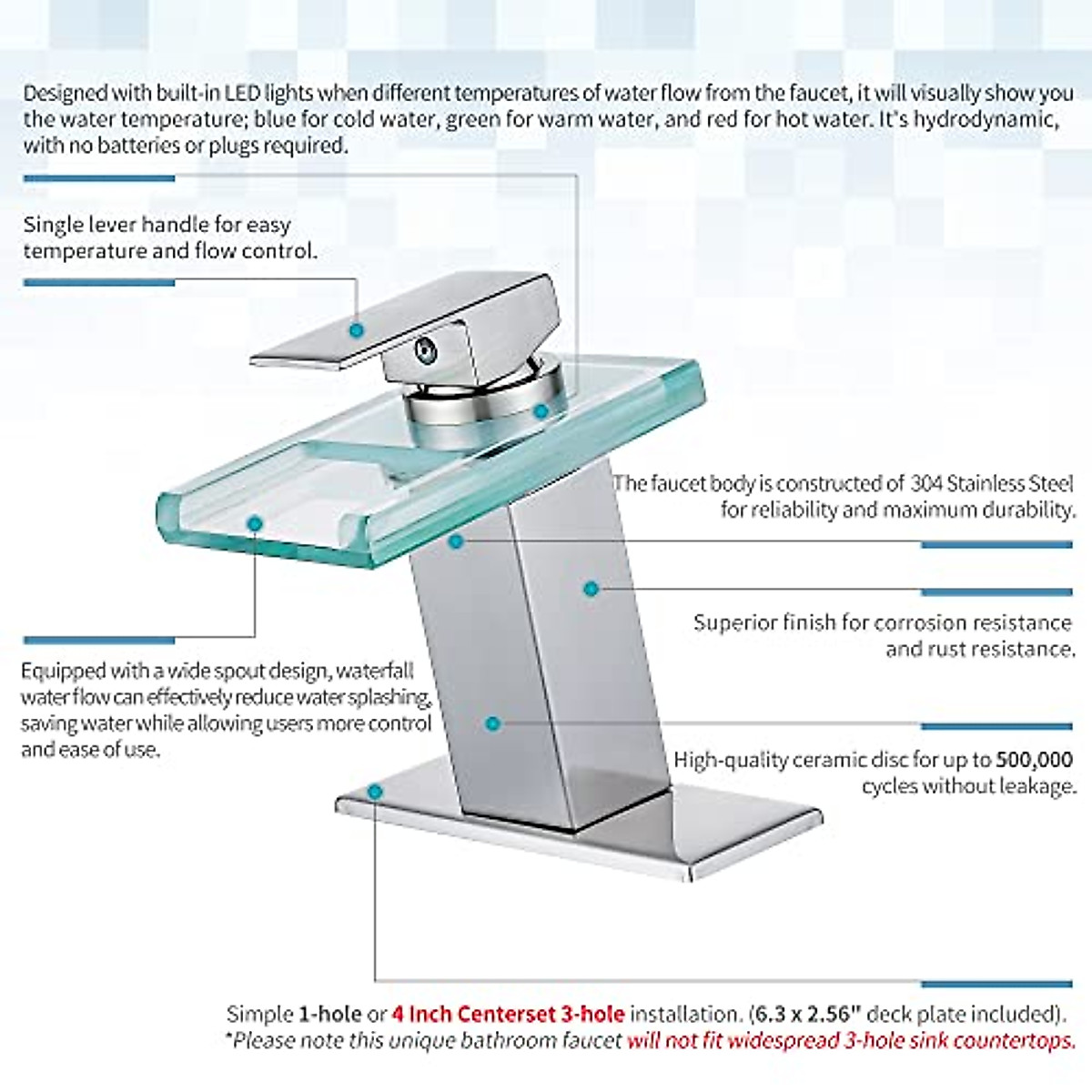 Y-Garhe LED Bathroom Sink Faucet - Brushed Nickel Single Hole or 4 Inch Centerset Waterfall Faucet with Glass Spout and Temperature-Sensitive LED Lights, Includes Deck Plate