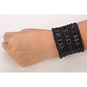 YACQ Women's Multilayer Stretch Cuff Bracelets Fit Wrist Size 6-1/2 To 7-1/2 Inch - Soft Elastic Band & 3 Row Crystals - 2 Inch Wide - Lead & Nickle Free (Dark Black)
