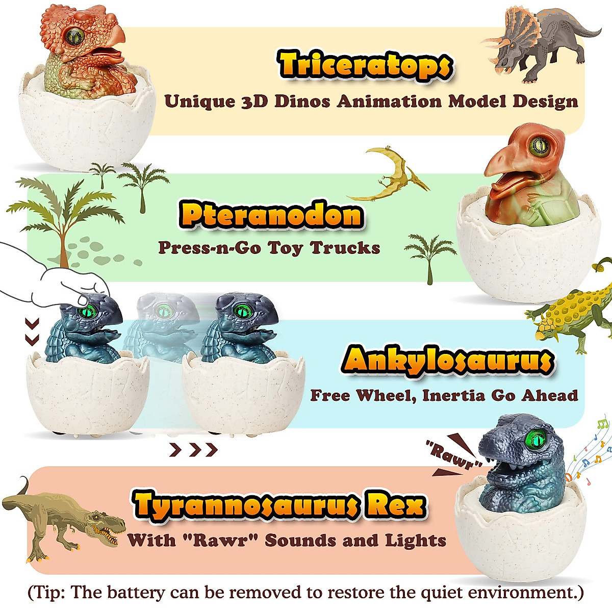 Easter Basket Stuffers Toys Gifts for Toddlers Kids 1, 2, 3, 4, 5+ Year Old, Easter Egg Hunt Dinosaur Car Toy, 4 Pack Press and Go Small Dinos Egg Trucks with Sounds & Lights, Kids Prizes Party Favors