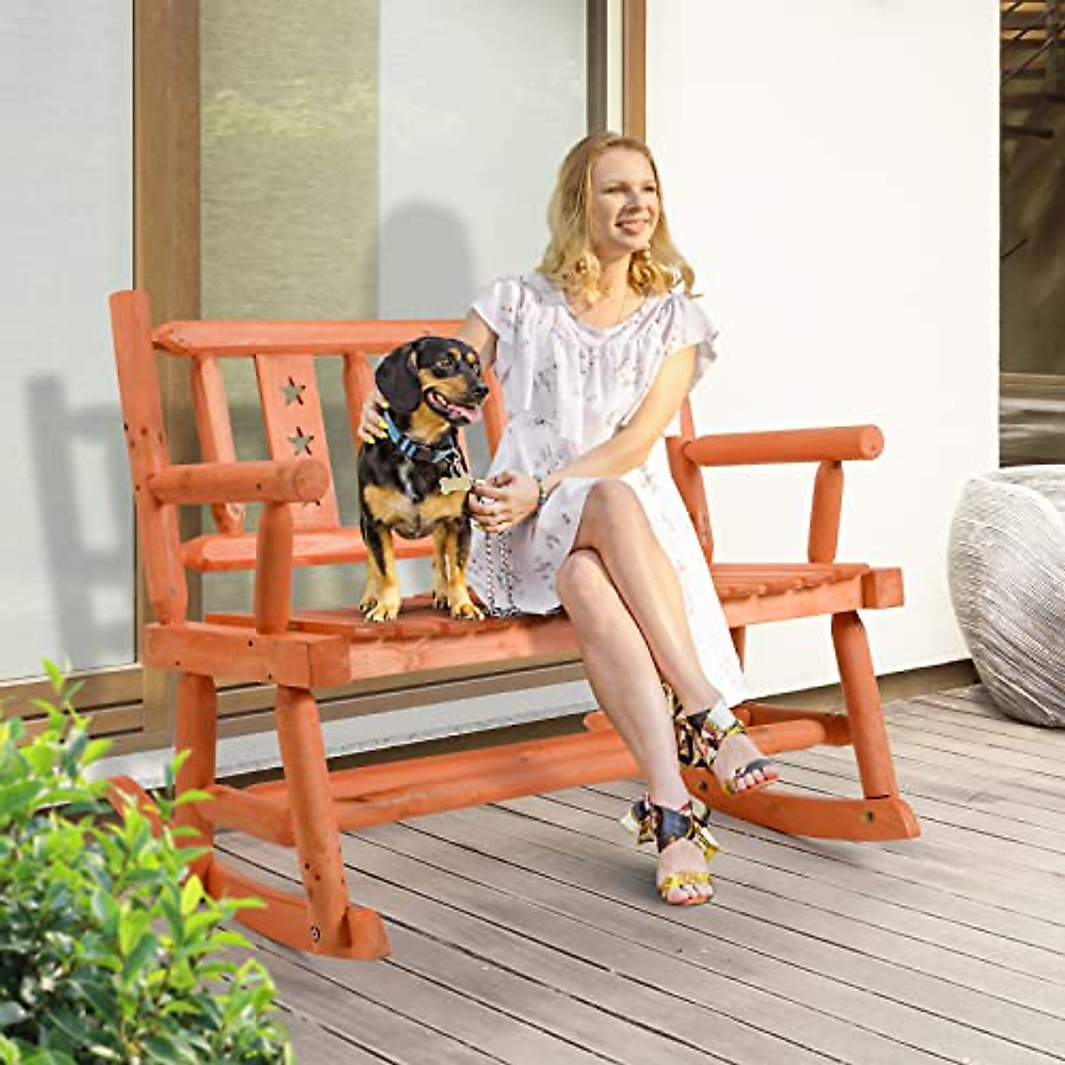 XCSOURCE Wood Rocking Chair Outdoor, Rocking Bench Outdoor with Paper Storage Bag, Rocking Patio Chair for 2 Persons, Porch Bench, Rocker Chair for Porch (Orange)