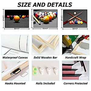 Conipit Billiards Canvas Wall Art Pool Table Pictures Leisure Sport Painting Snooker Photo Painting for Game Room Club Bar Wall Decor Stretched and Framed Prints Ready to Hang 12"x16" x 3Pcs