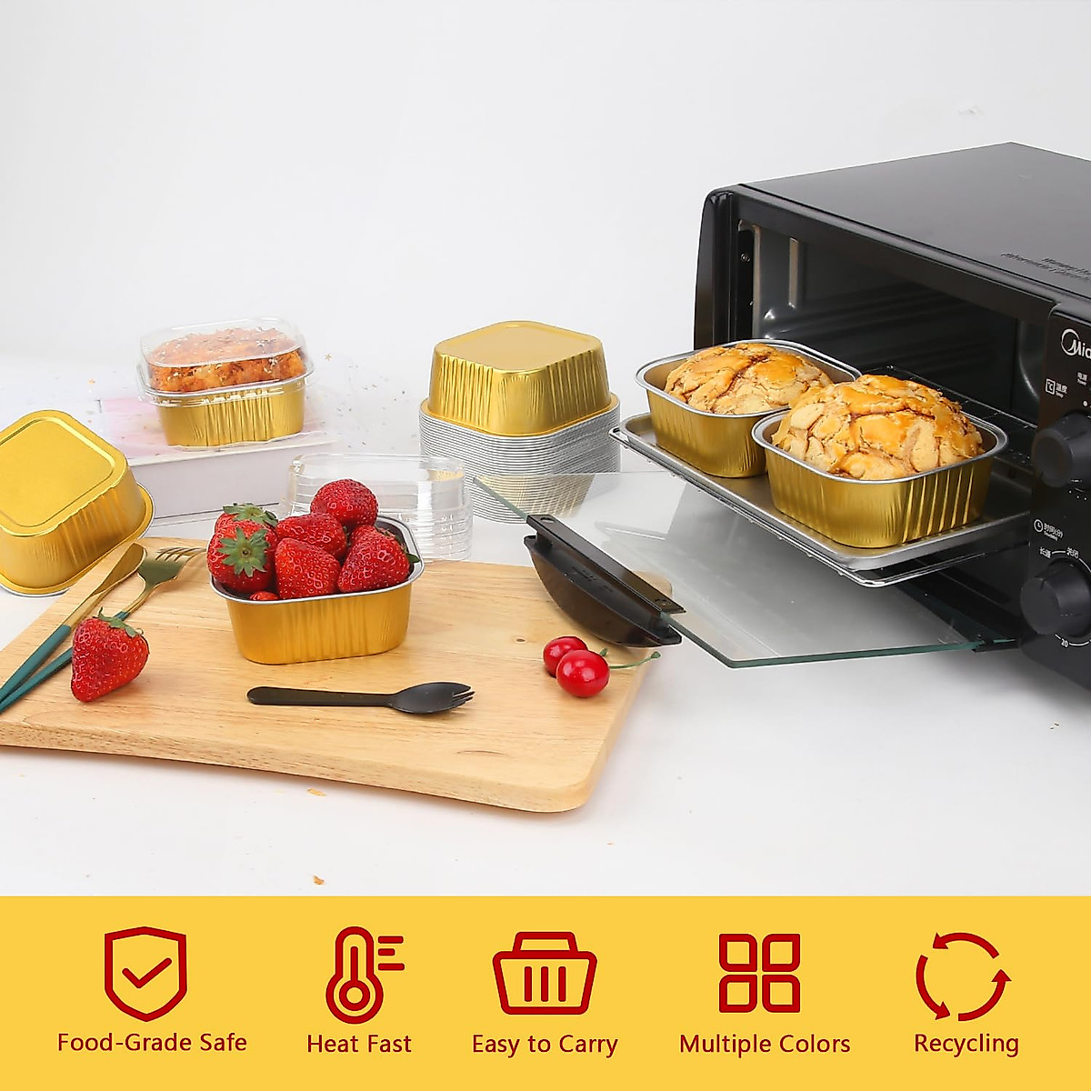 LNYZQUS Large Cupcake Liners Aluminum Pans With Lids 40 Pack, Square 10oz Small Cake Muffin Tin,Disposable Ramekins Baking Pan Containers For Brownie Mini Cake Bread Dessert-Gold