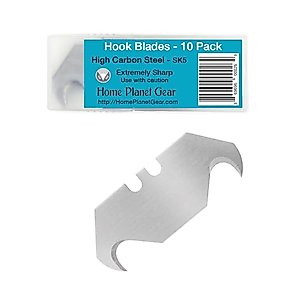 Hook Blade 10 Pack Utility Knife Hooked Razor Blades - Ten Super Sharp Refill Blades in Convenient Storage Box - Heavy Duty SK5 Replacement Blades for Carpet, Roofing Blade Knife, Box Cutter