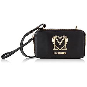 Love Moschino Women's Black Leather Gold Heart Camera Crossbody Handbag