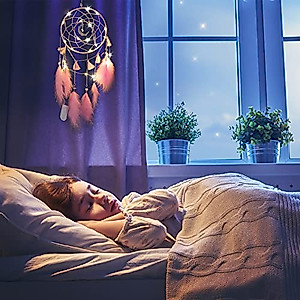 Nice Dream Pink Dream Catchers, Room Nursery Decor for Girls Boys, Handmade Feather Wall Decor with Lights, Home Ornaments Craft Gift for Bedroom