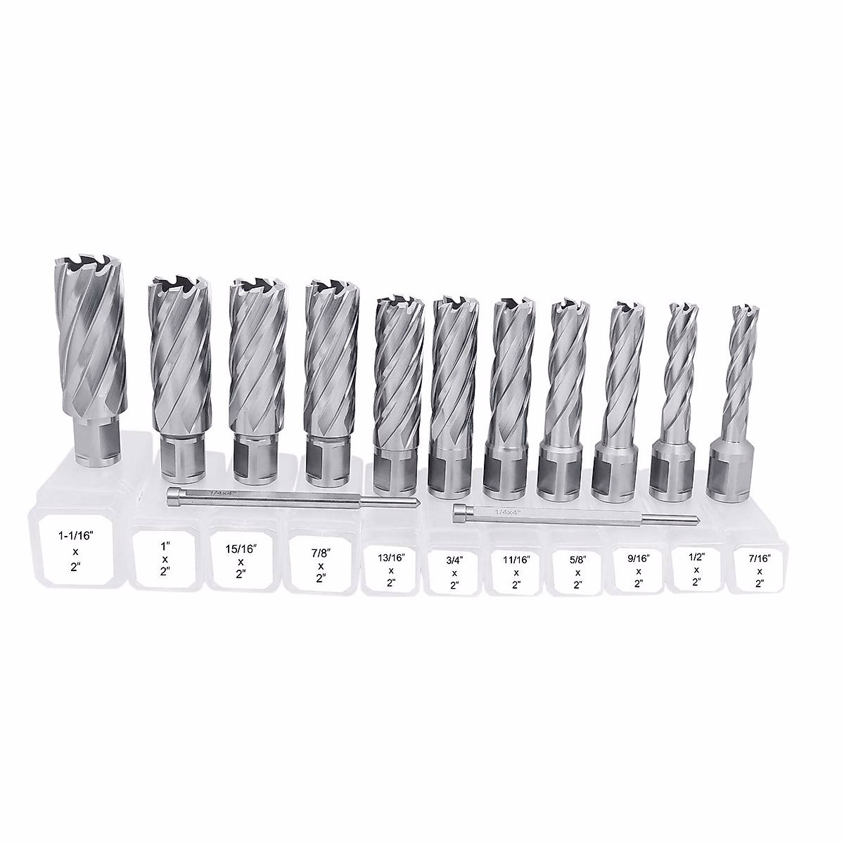 Accusize Industrial Tools 13 Pcs/Set 7/16'' to 1-1/16'' H.S.S. Annular Cutters, 2'' Cutting Depth with 2 Pilot Pins, N1