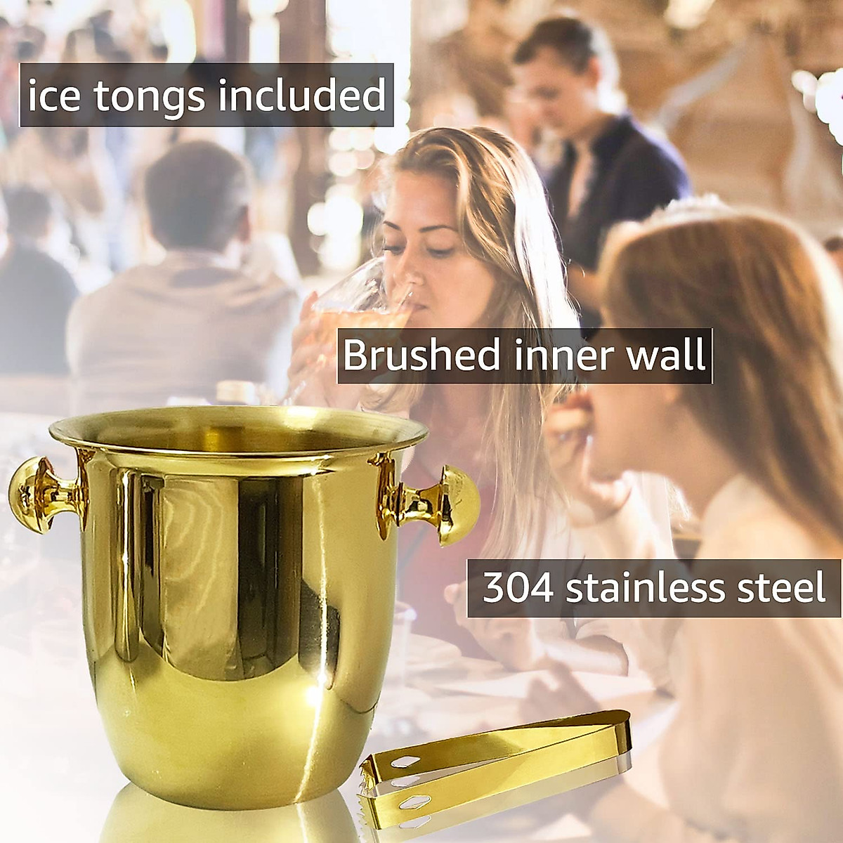 Ice Buckets - Champagne Ice Bucket with Tongs, Golden Trumpet Ice Bucket Stainless Steel Mirror Reflection Wine Cooler for Cocktail Bar Beer Red Wine Liquor Beverages Party,Ice Frozen Longer, 2.5L