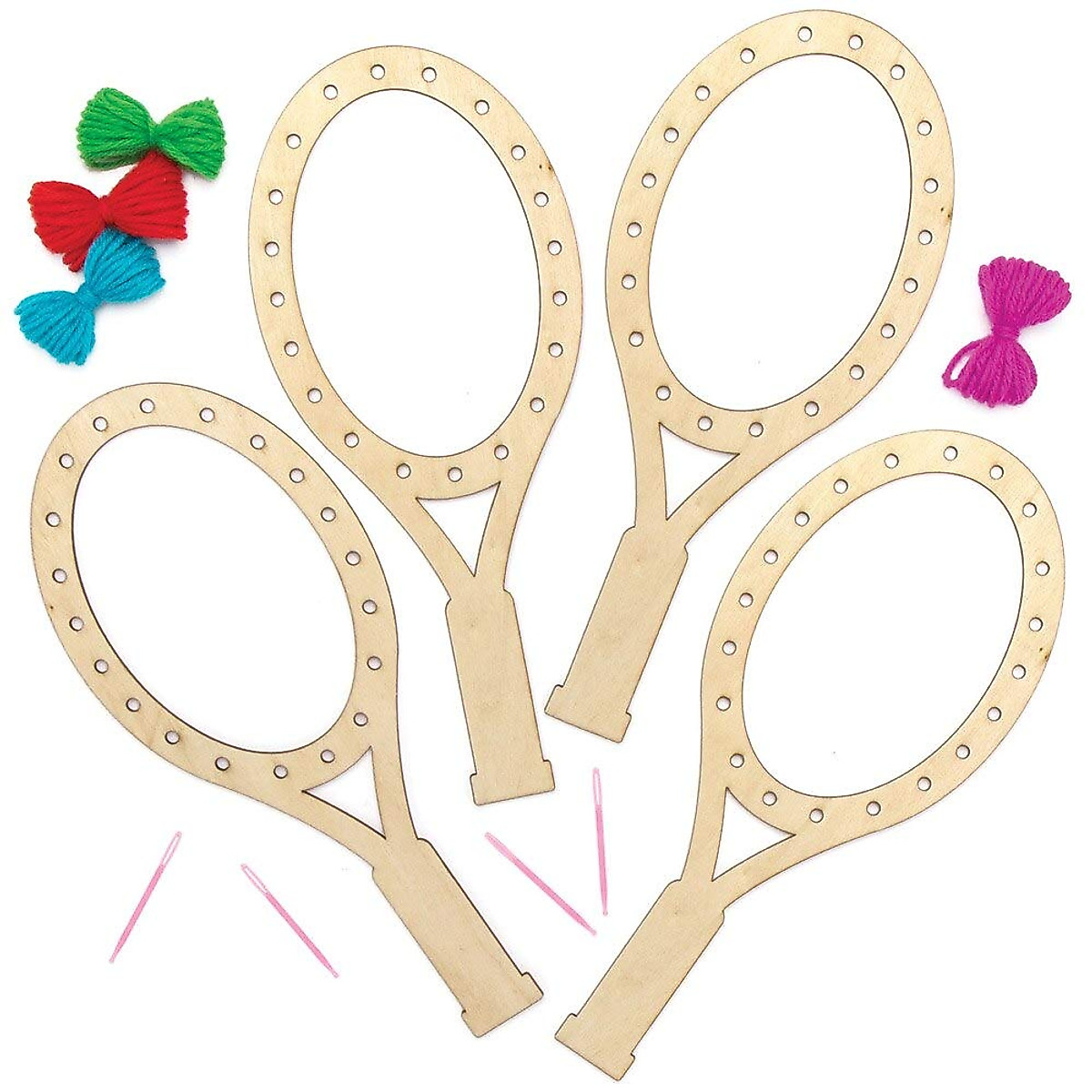 Baker Ross AT987 Tennis Racket Wooden Weaving Kits - Pack of 4, Introductory Sewing for Beginners and for Kids Arts and Crafts Projects