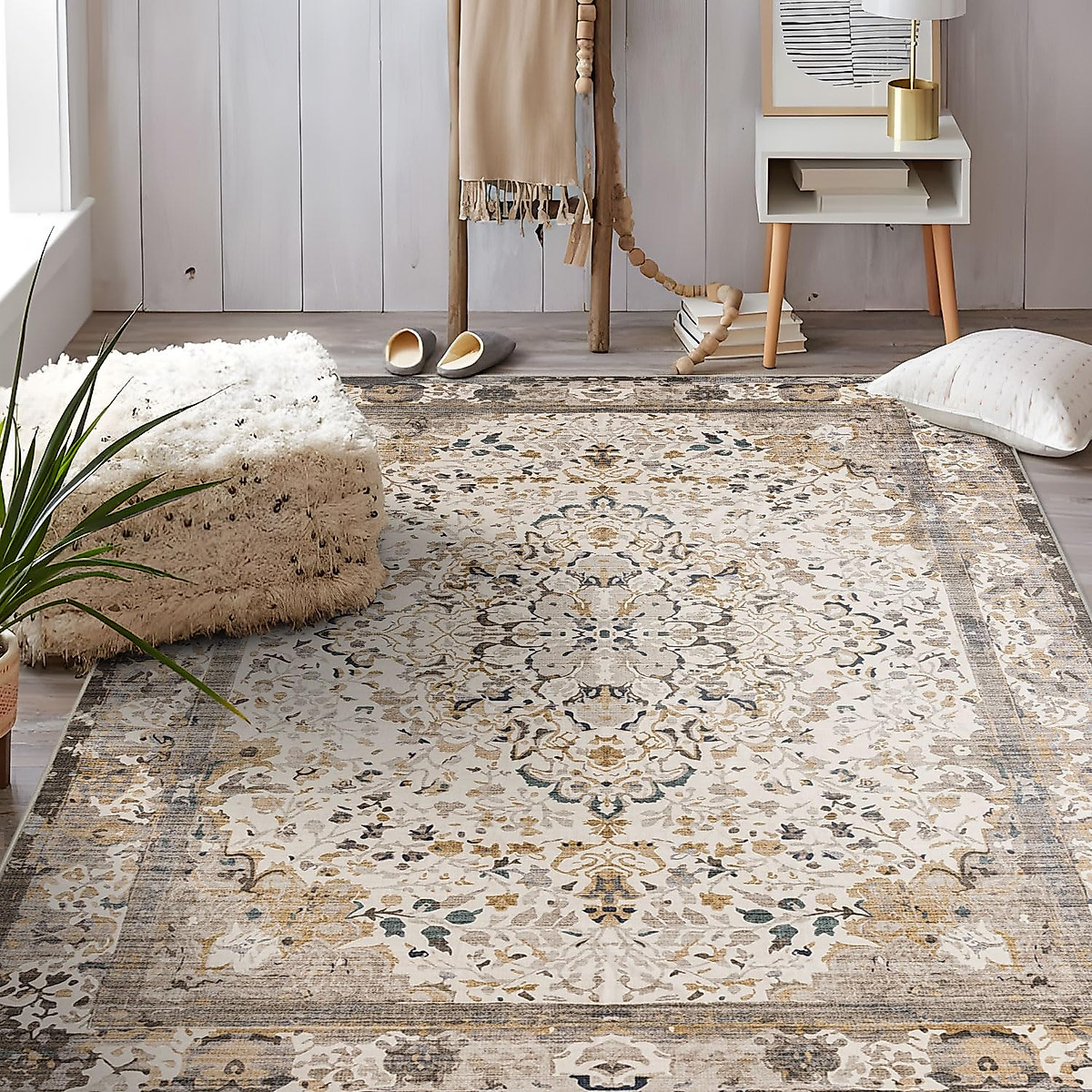 Rineflo-5'x7' Area Rugs,Machine Washable Rug for Living Room Dinner Room Bedroom,Bohemian Style Soft Non Slip Rug Carpet,Oriental Vintage Low Pile Large Area Rug (Brown, 5'x7')