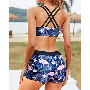 Yonique Tankini Swimsuits for Women 3 Piece Bathing Suits Swim Tank Top with Boy Shorts and Bra Modest Swimwear Black Flamingo L