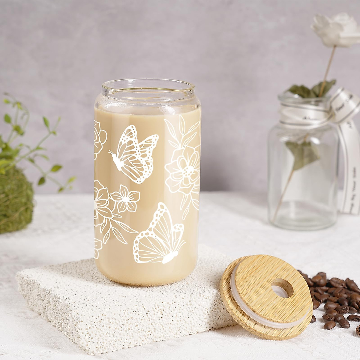 Fairy's Gift Butterfly Gifts for Women - Iced Coffee Cup, Aesthetic Floral Butterflies Glass Cup w/Lid & Straw, Butterfly Tumbler - Christmas, Birthday Gifts for Women Mom Friend Bestie