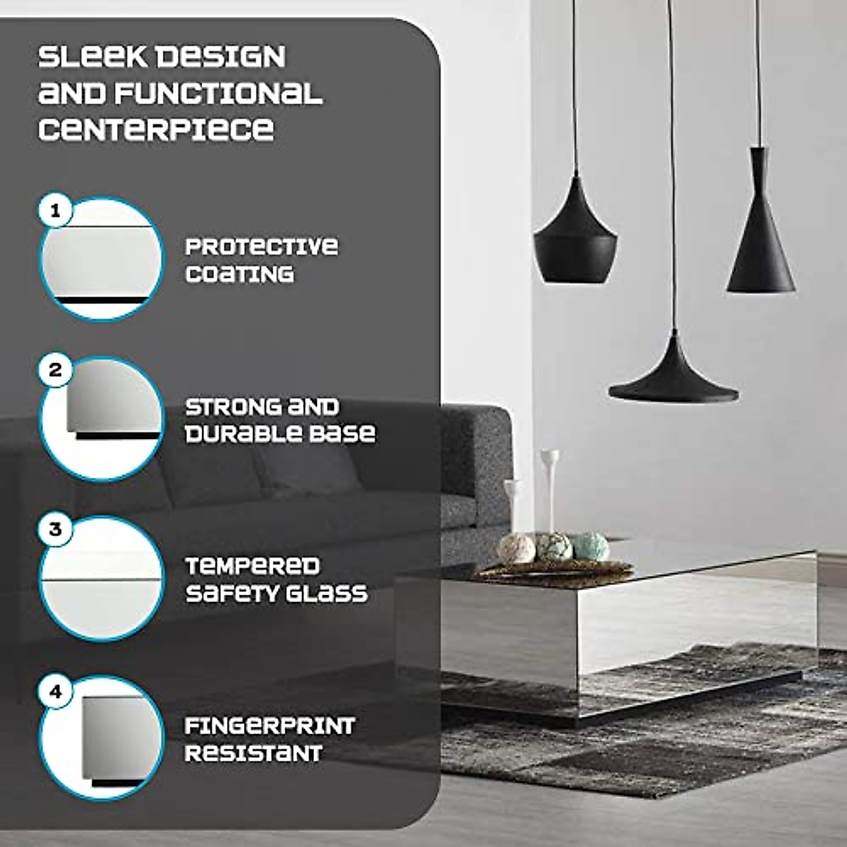 SONOROUS Premium Tempered Glass Coffee Table - Fingerprint Resistant Luxury Center Table for Living Room - High Gloss Coffee Table - Modern Rectangular Table Sleek Design - Mirror