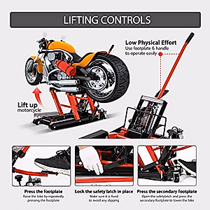 VIVOHOME Hydraulic Motorcycle Lift Jack 1500 LBS Capacity Steel ATV Lifts Stand Hoist with Wheels and Handle for Motorcycles, ATVs, Dirt Bikes Red