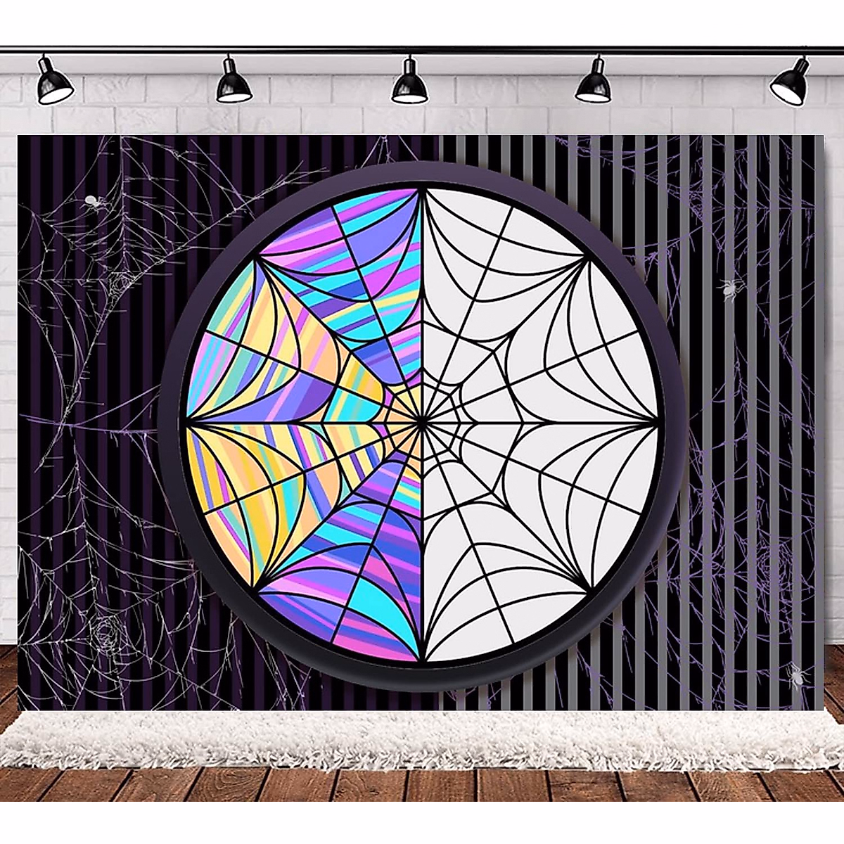 MECOLO Fabric Spider Web Window Gothic Backdrop Wednesday Horror Theme Birthday Photography Background Kids Party Decorations Black White Stripe Photo Banner Props