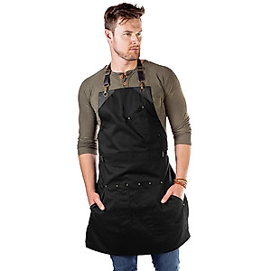 Under NY Sky Barista Apron - Black Leather Straps and Reinforcement - Riveted Pockets - Double Stiched - Leather Ring Loop - Professional Black Twill - Double as Half Bistro Apron - Chefs, Bartender