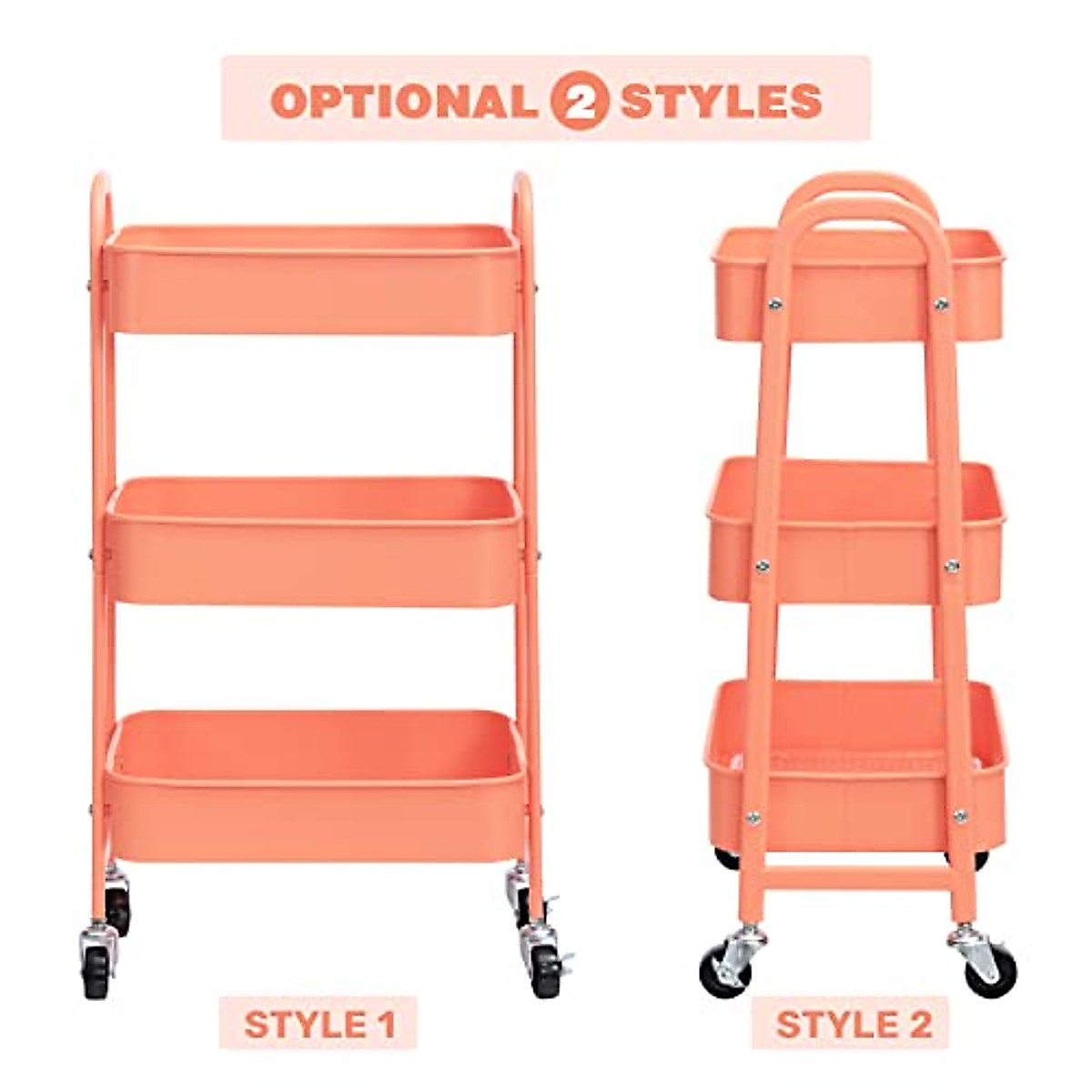 AGTEK Makeup Cart, Movable Rolling Organizer Cart, 3 Tier Metal Utility Cart with Lockable Wheels for Home & Office, Pink Orange