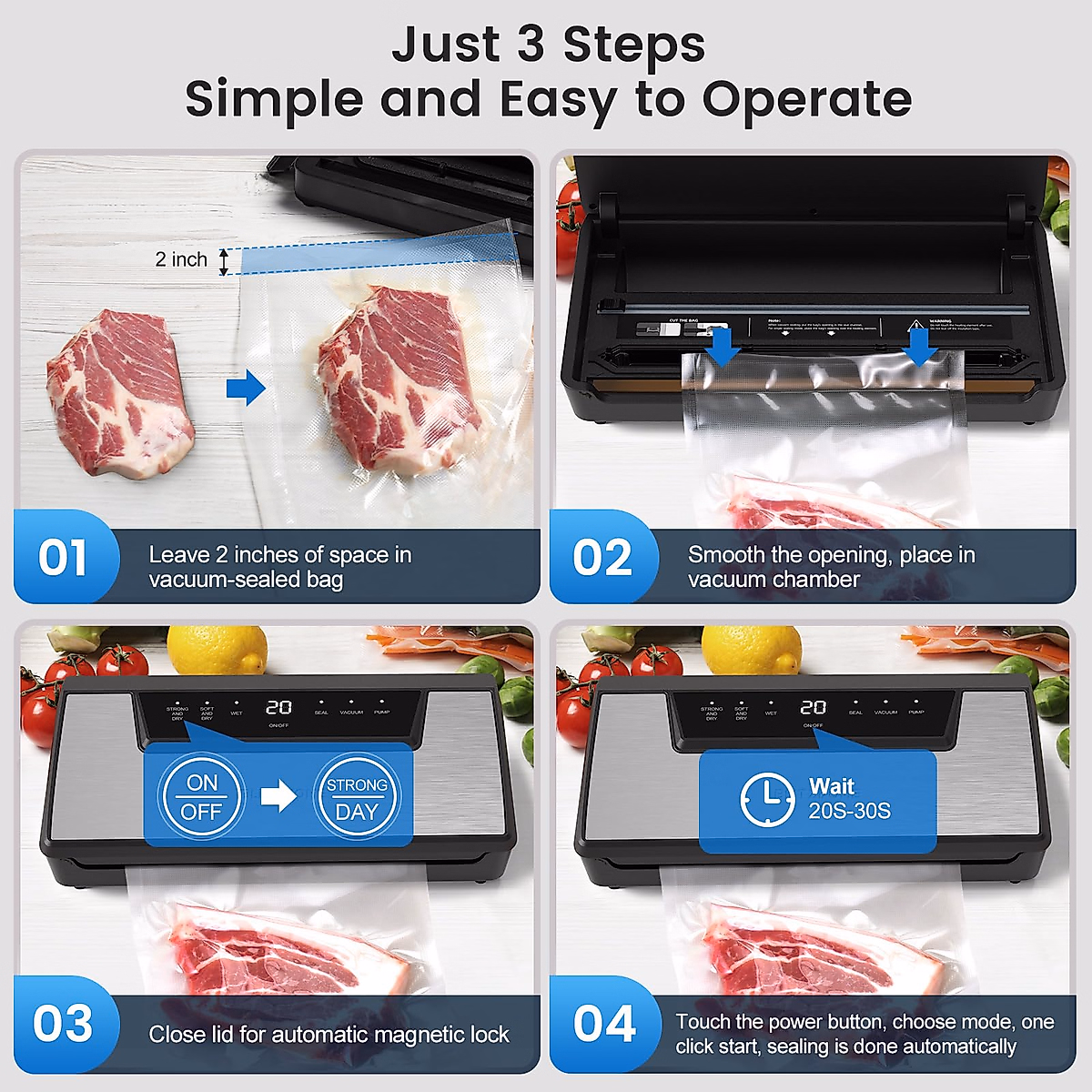 BLITZHOME Vacuum Sealer Machine, 6 Easy Modes for Dry/Moist Food Storage/Sous Vide, Built-in Cutter/Storage, Visual Seal-Time, Automatic Food Sealer with 15Pcs Bags,1 Roll, Full Starter Kit…