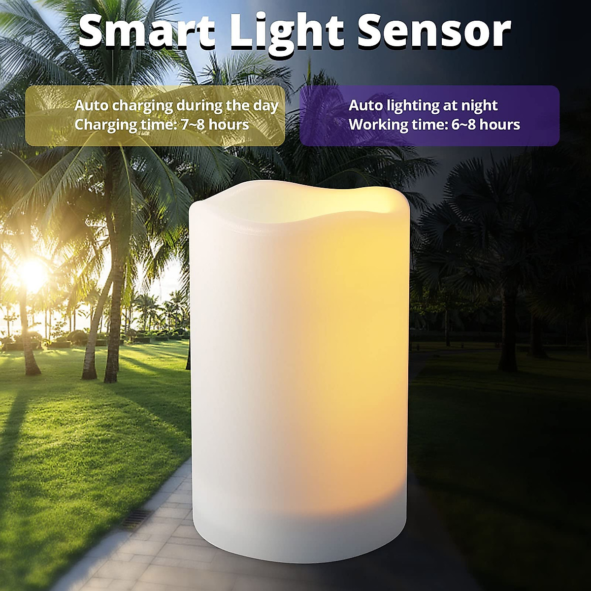 NURADA Large Outdoor Solar Powered Candles - Flameless Pillar Waterproof Rechargeable Candle Set, White Resin, LED Light,Rechargeable Solar Battery Included, for Patio Decor, 3.25"x4"5" 6"