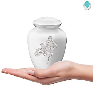 GetUrns Embrace Personalized Dirt Bike Medium Cremation Urn with Custom Text Engraving for Human Ashes for Funeral, Burial, Niche or Columbarium Cremation–44 Cubic Inches –Small Urns for Ashes (White)