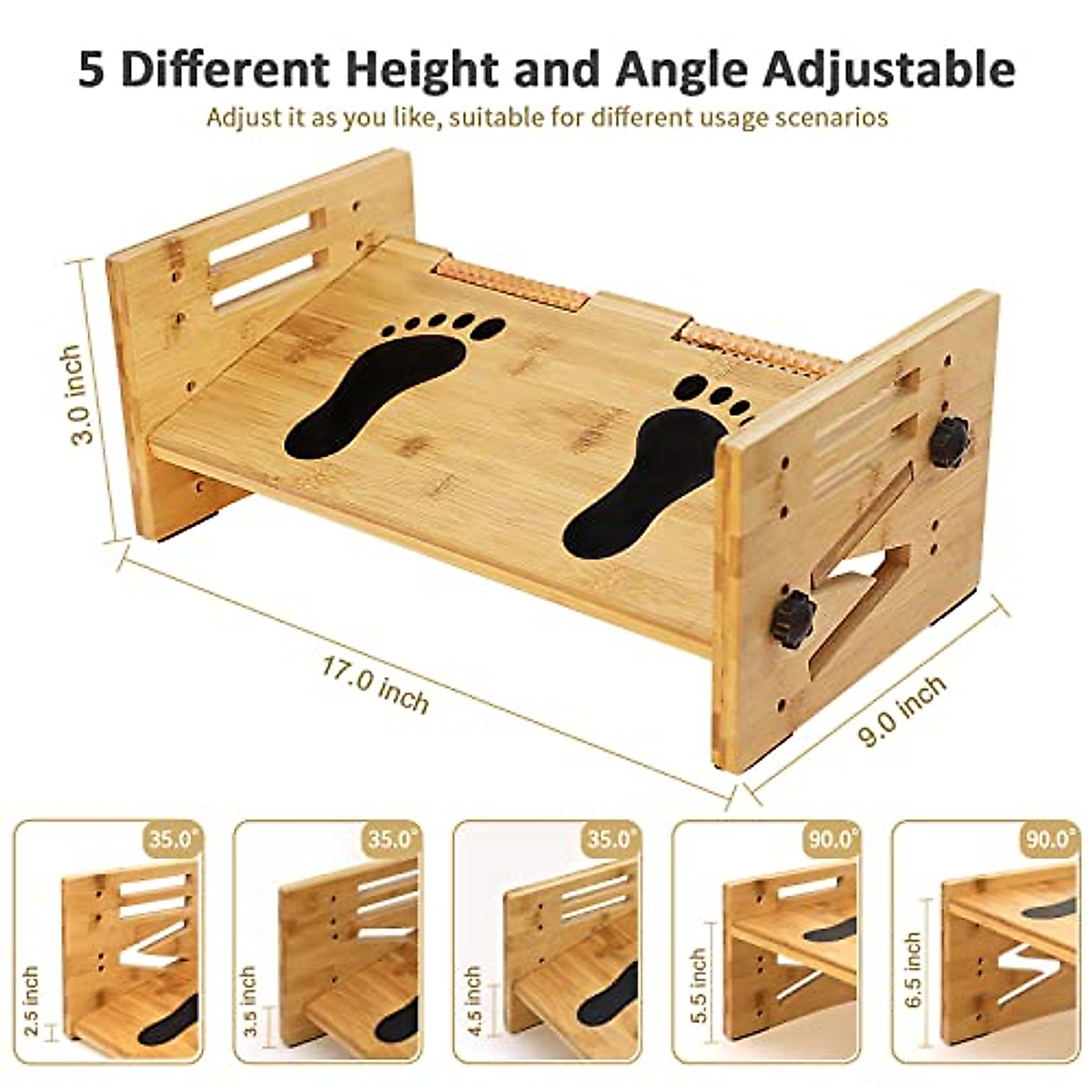 Under Desk Foot Rest,Ergonomic Office Foot Rest with 5 Adjustable Height Position, Bamboo Foot Stool Under Desk with Massage Roller & Non-Slip Bottom at Home, Office