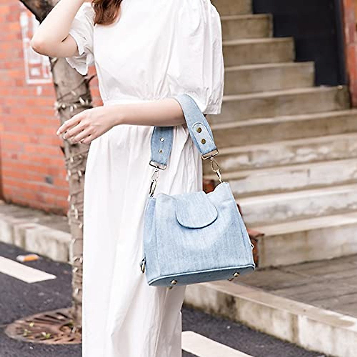 NIGEDU Casual Denim Bucket Shoulder Handbag Women Crossbody Bags Large Capacity Female Tote Vintage Canvas Purse Bag (Dark Blue)