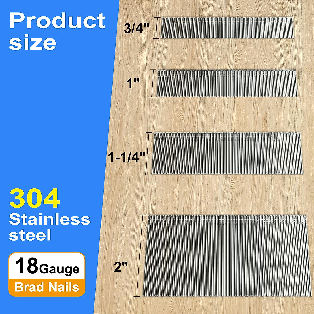 SimCos 18 Gauge 304 Stainless Steel Brad Nails (2",1-1/4" 1", 3/4"), Assorted 1200 Counts for 18 GA Pneumatic or Electric Brad Nailer or Brad Nail gun,Project Pack