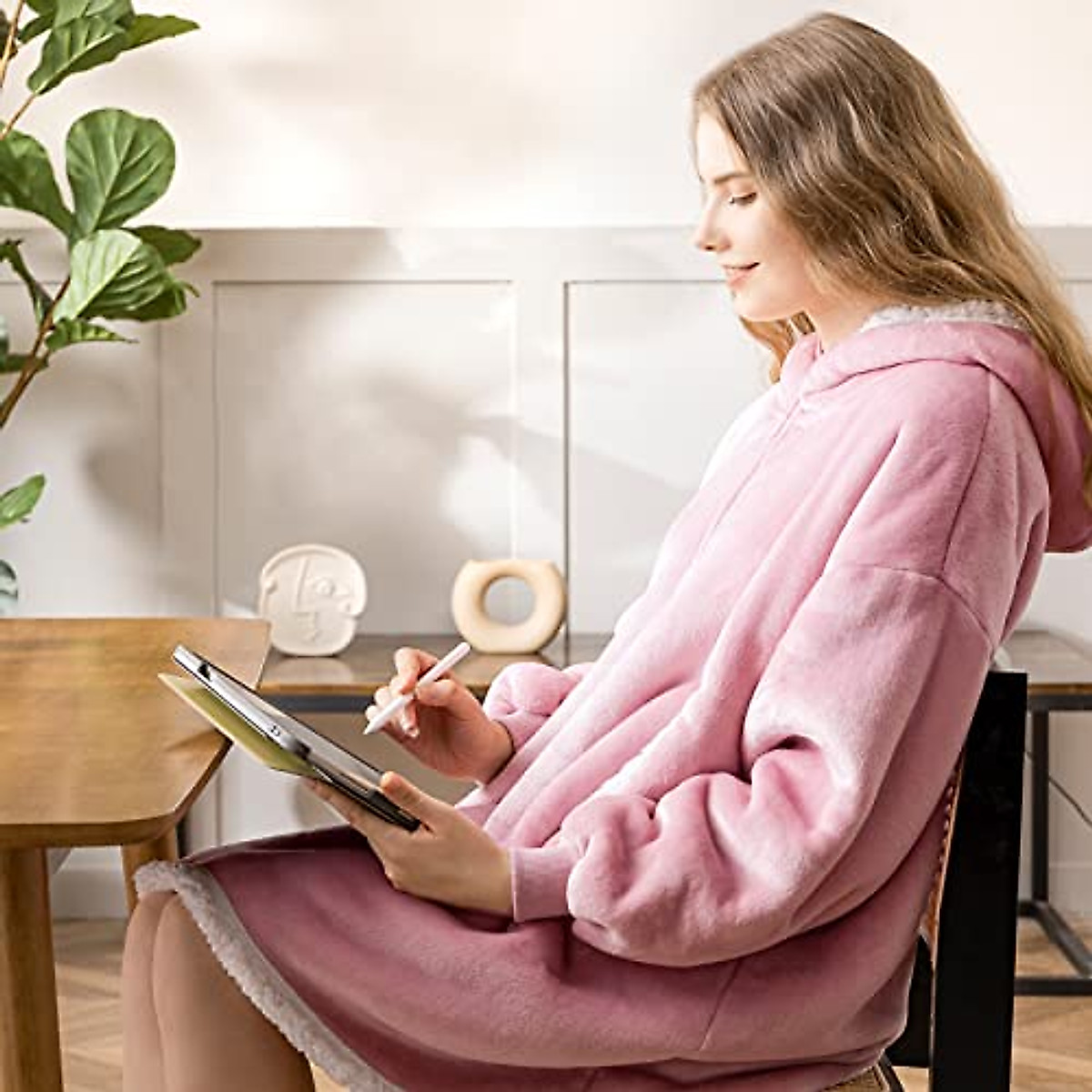HBlife Oversized Wearable Blanket Hoodie for Adult, Thick Sherpa Sweatshirt with Elastic Sleeves and Giant Pockets Super Warm and Cozy Fuzzy Plush Fleece Blanket Jacket, Pink