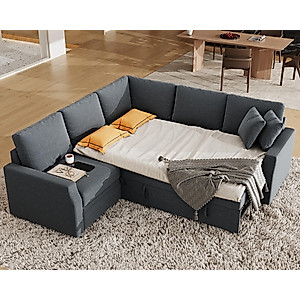 Jocisland Sofa Bed, 85 Inch Sleeper Sofa with Pull Out Bed & Storage Seat, Oversized L Shape Sectional Sofa for Living Room Apartment, Grey Linen Reversible Couch
