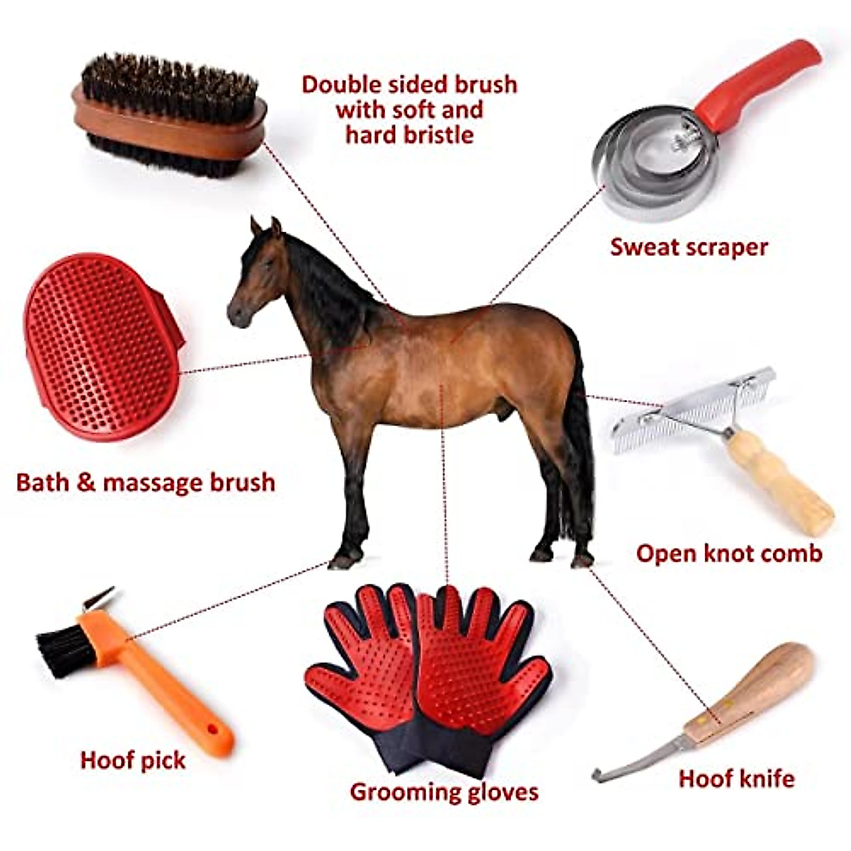 Horse Grooming Kit Blue Tote - 9pcs Horse Care Kit with Multi-Function Brushes & Curry Combs, Sweat Scraper, Hoof Pick, Hoof Knife for Horse Kit Horse Cleaning Tool Set Equine Grooming Portable