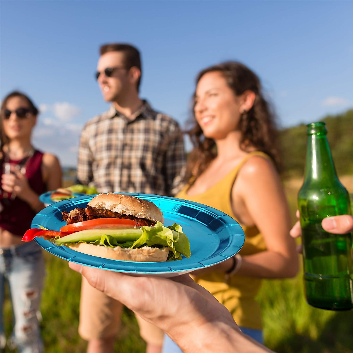 Blue Birthday Party Decorations Party Supplies Heavy Duty Disposable Metallic Blue Paper Plates and Napkins Dinnerware Set for Halloween,Baby Shower,Wedding-125PCS