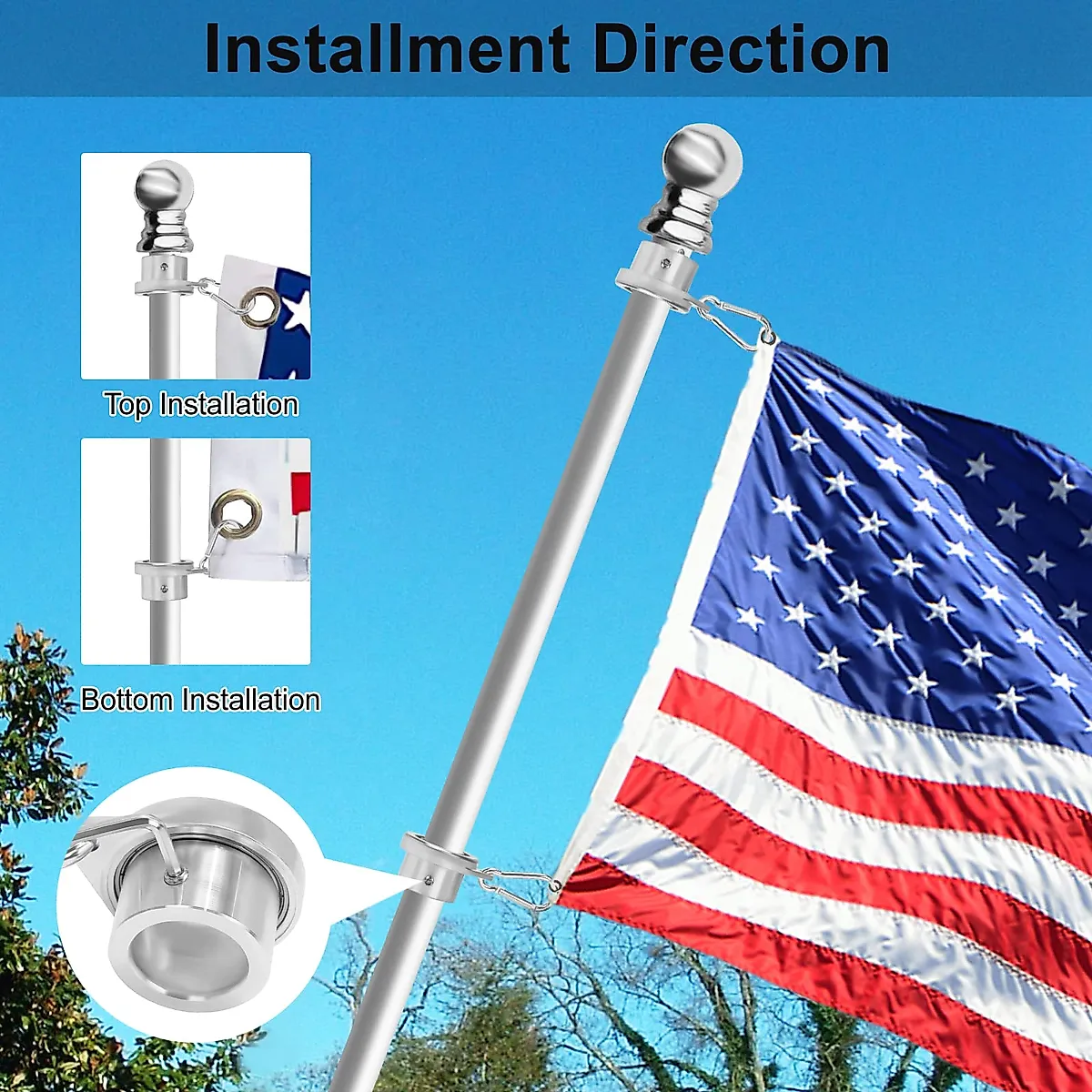 MOFEEZ Flag Pole Rings with Bearings, Fit Flagpole with 0.75-1inch Diameter, 360 Degree Anti-Wrap Aluminum Alloy Rotating Flag Mounting Rings with Carabiner Tangle Free(Pack of 2-Silver)