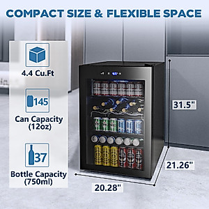 Joy Pebble Beverage Refrigerator Cooler 4.4 Cu.Ft,145 Can Mini Fridge with Glass Door for Beer Soda Wine,Drink Drink Fridge with Adjustable Thermostat,Beverage Fridge for Bar Home Office