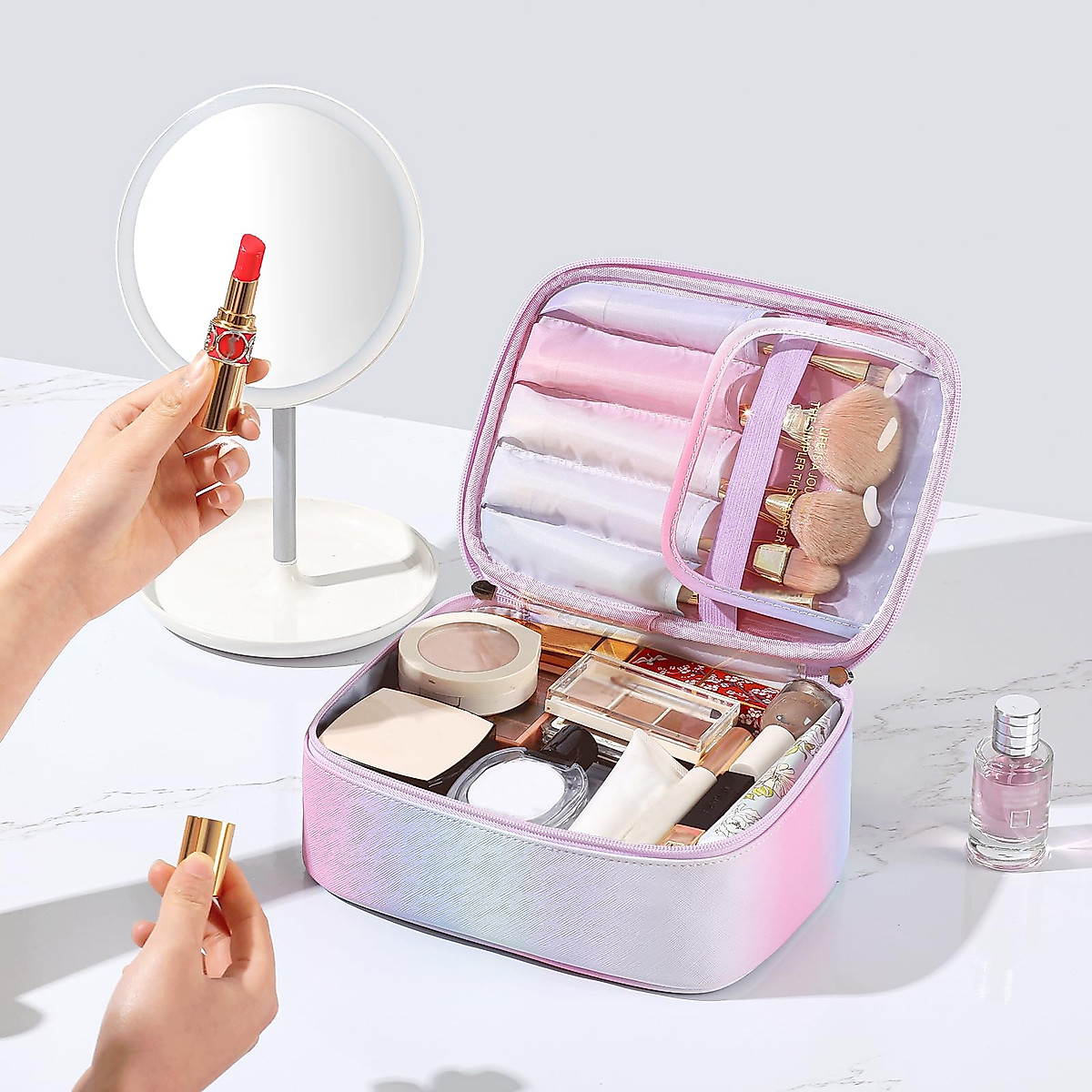 Meiyuuo Gradient Makeup Bag Large Travel Makeup Case Cosmetic Bags for Women Carry on Zipper Pouch Toiletry Bag Cute Colorful Organizer(Rainbow Pink)