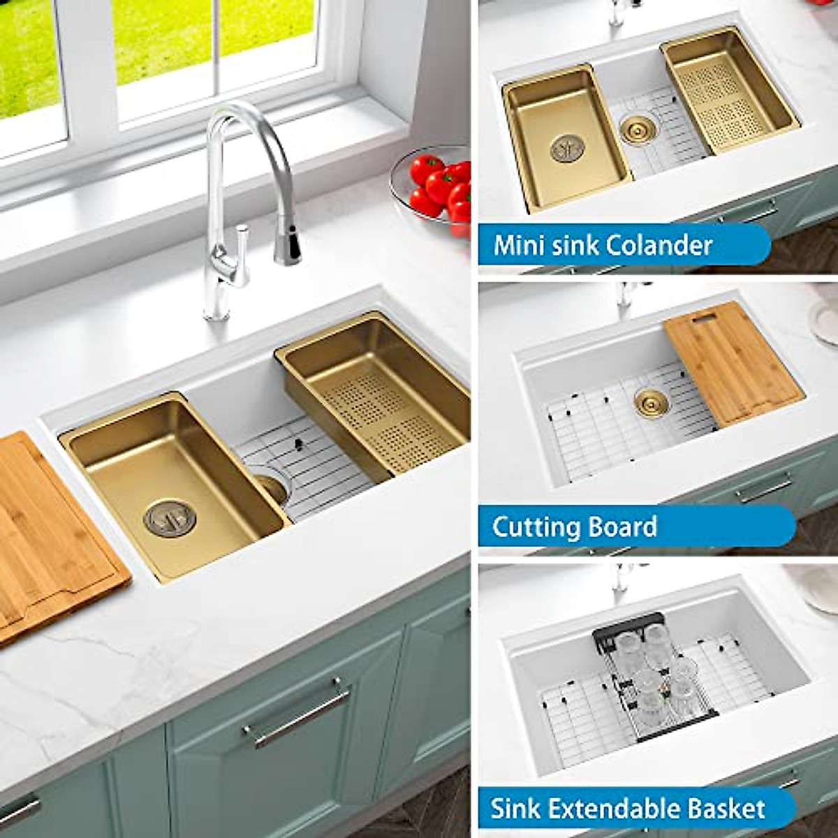 YAQUN Undermount Kitchen Sink, Deep Workstation Stone Kitchen Sink, Single Bowl Kitchen Sinks (White, 30" x 18")