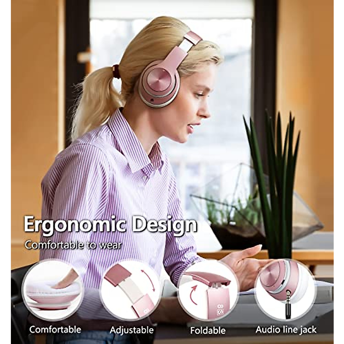 Wireless Headphones Over Ear, 60 Hours Playtime Foldable Bluetooth Headphones Hi-Fi Stereo Deep Bass with 6 EQ Modes, Adjustable Lightweight Headset with Microphone, FM, SD/TF for Travel, Work, PC