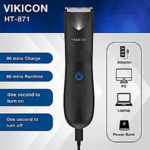 Electric Body Trimmer and Shaver for Men, VIKICON Body Groomer for Groin&Ball w/Light, Pubic Hair Trimmer Replaceable Ceramic Blade IPX7 Waterproof Wet/Dry, Lightweight Male Razor USB Type-C Charging