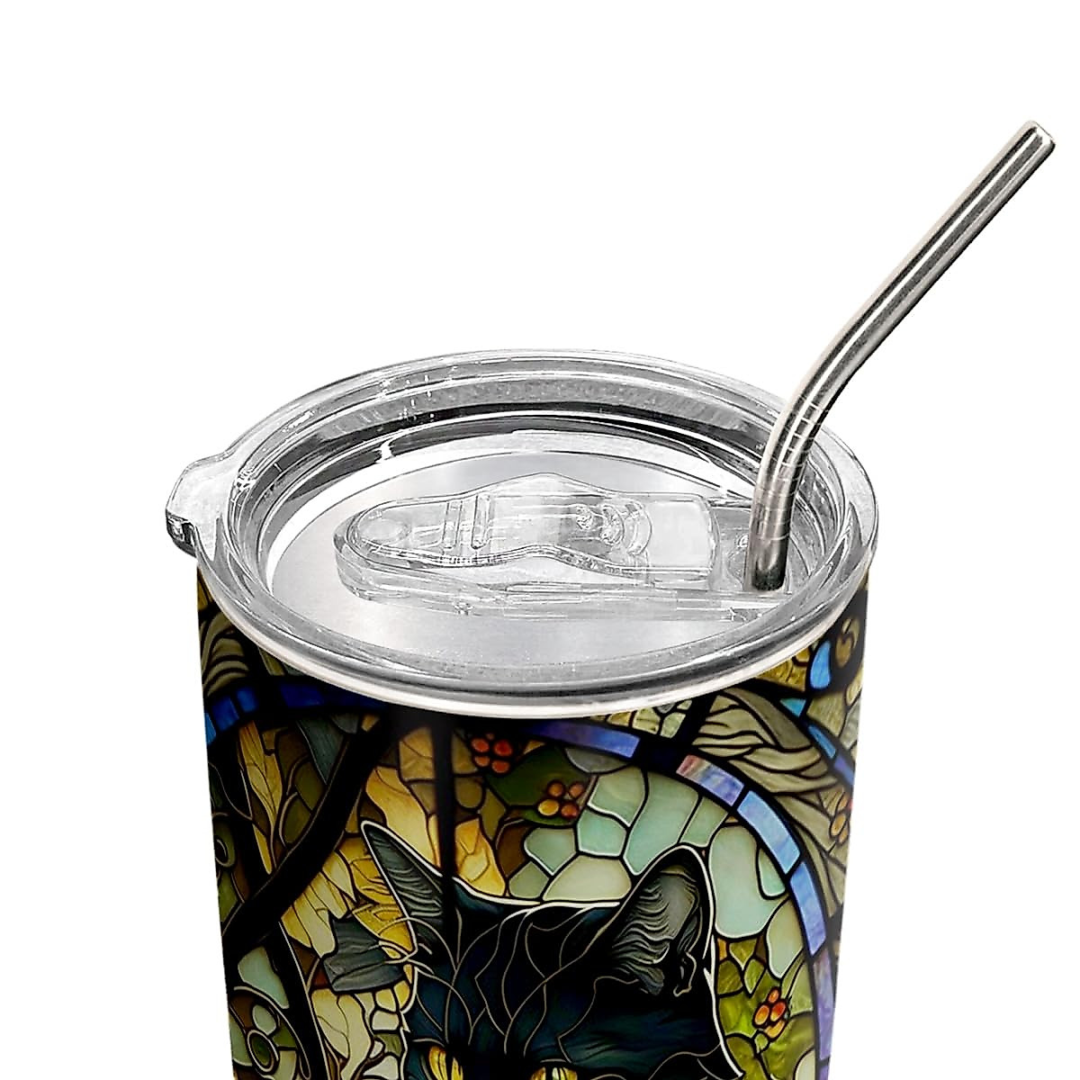 20oz Stained Glass Black Cat Tumbler, Gifts for Cat Lovers, Coffee Thermos for Women, Stainless Steel Double Wall Vacuum Insulated Coffee Mug, Travel Cup with Lid