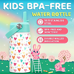 Kids Water Bottle with Straw Lid - Insulated 12 Oz Stainless Steel Water Bottles for Girls Toddlers - Heart Water Bottle Travel Cup for School Sports