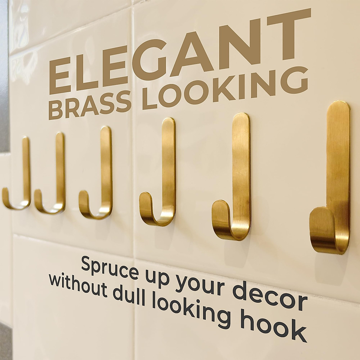 PHILIPCO - 6 Brass Bathroom Wall Hooks for Hanging Towels | Self Adhesive Wall Hooks for Shower Wall | Nailless Hooks for Shower Tile | Damage Free Hanging Hooks Multi Purpose [Stronger Adhesive]