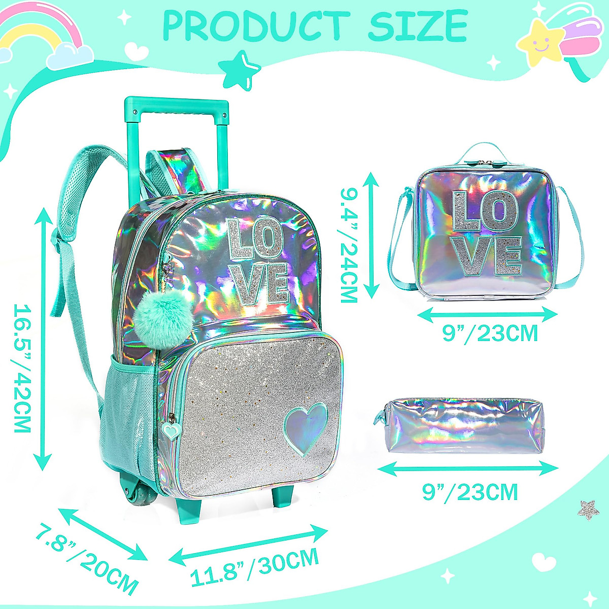 ZBAOGTW Rolling Backpack for Girls Kids Backpack with Wheels for Elementary Kindergarten Girls Wheeled Backpack Carry on Luggage Rolling Backpack with Lunch Bag