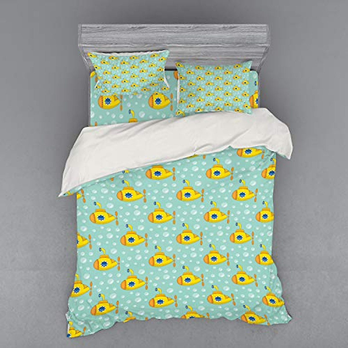 Ambesonne Yellow Submarine Duvet Cover Set, Nautical Design Illustration of a Submarine and Bubbles, 4 Piece Bedding Set with Shams and Fitted Sheet, California King, Seafoam and Earth Yellow