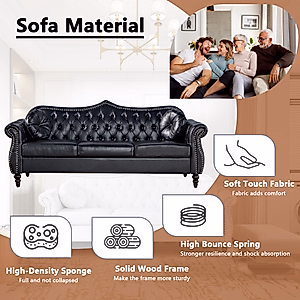 AVZEAR 82" Three Seater Sofa, Chesterfield Sofa, Mid-Century Modern PU Upholstered Sofa, Deep Button Tufted Living Room Sofa with Two Throw Pillows, Black