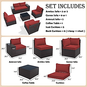 Gotland Outdoor Patio Furniture Sets 6 Piece Patio Sectional Furniture All-Weather Outdoor Patio Sofa PE Wicker Backyard Deck Couch Conversation Chair Set with Table & 5 Red Thickened Cushions